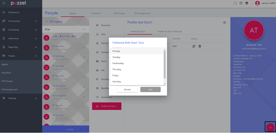 Agent preferred shift start times | Puzzel Help Centre